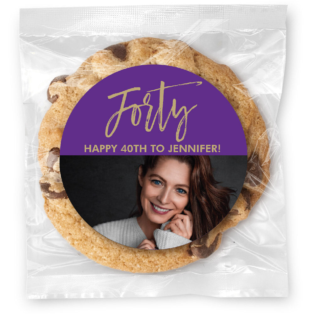 Cursive Forty Birthday - Gourmet Cookie w/ Full Color Personalized sti ...