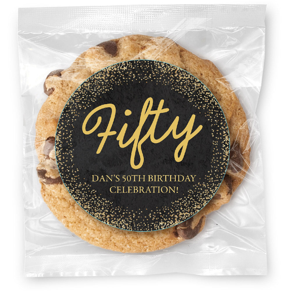 Cursive Gold Age - Fifty - Gourmet Cookie w/ Full Color Personalized s ...