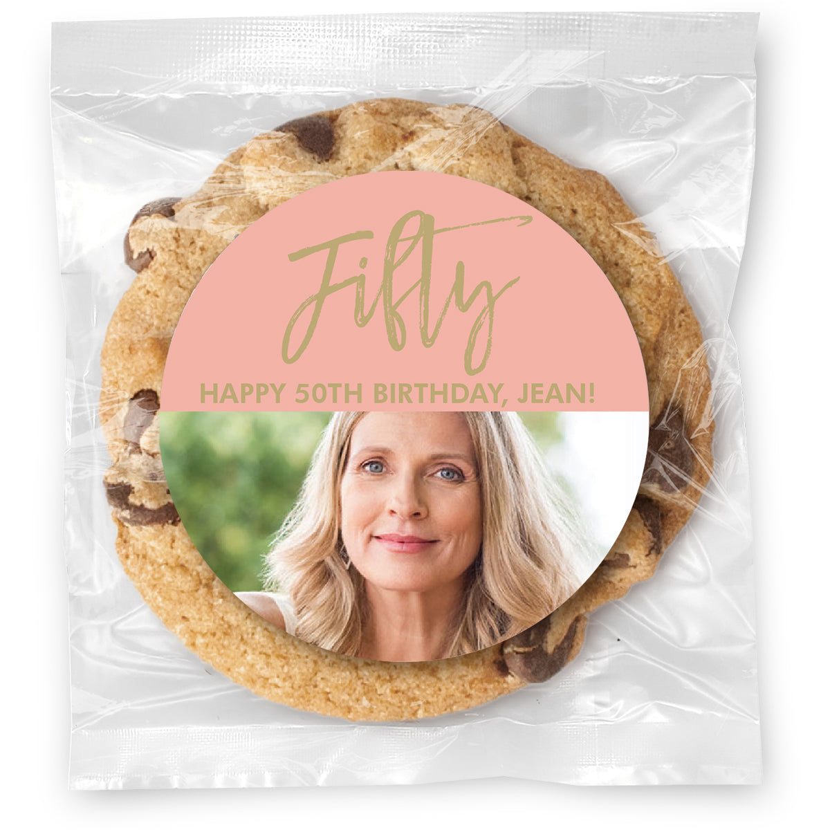 Cursive Fifty Birthday - Gourmet Cookie w/ Full Color Personalized sti ...